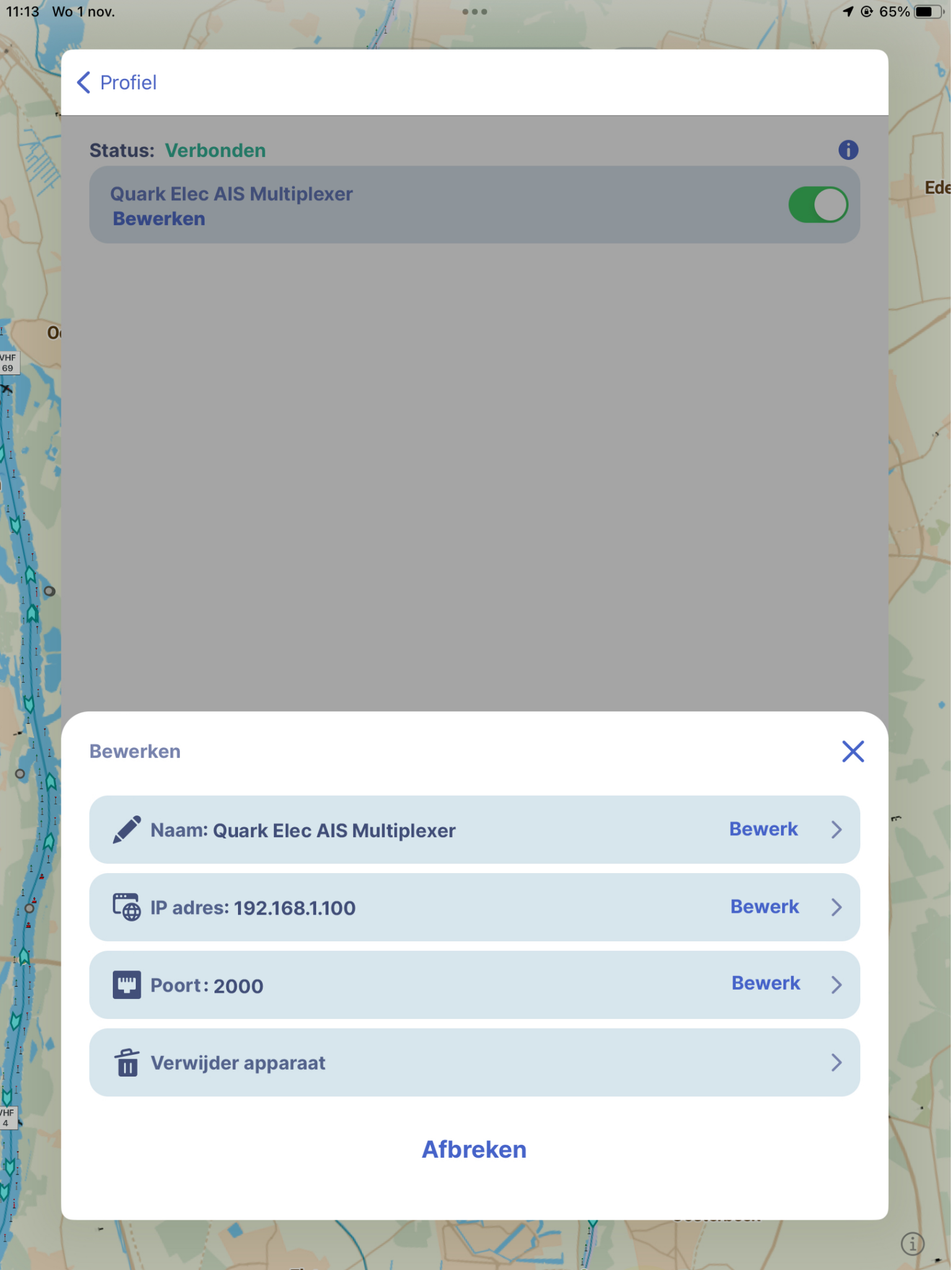 How do I connect my Quark-Elec AIS device to the app? - Waterkaarten